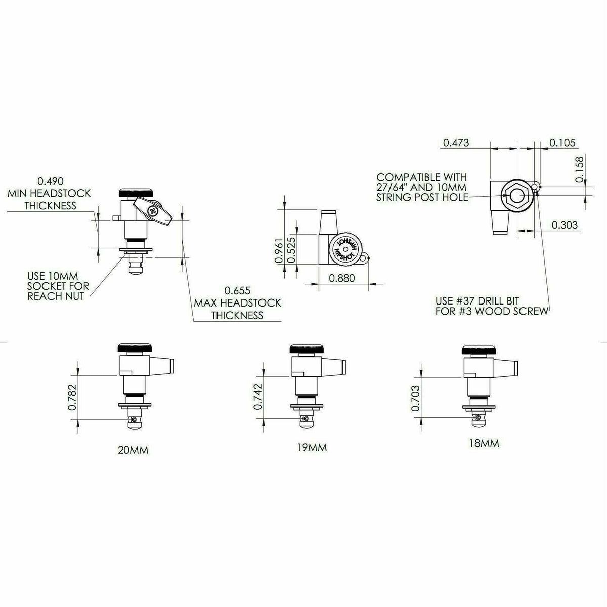 NEW Hipshot 6-in-Line TREBLE SIDE Locking Tuners STAGGERED Knurled, SA ...